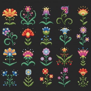 20 Tiny Cross Stitch Folk Flower Set , Mini Cross Stitch Bundle , Small ...