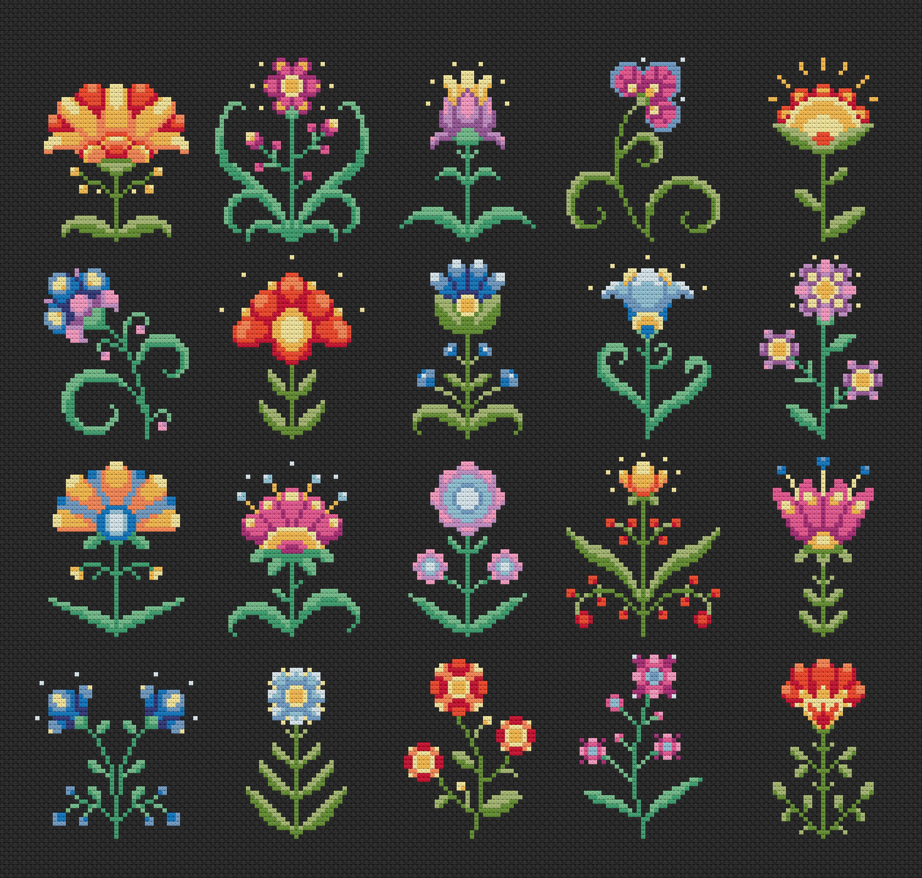 20 Tiny Cross Stitch Folk Flower Set , Mini Cross Stitch Bundle , Small ...
