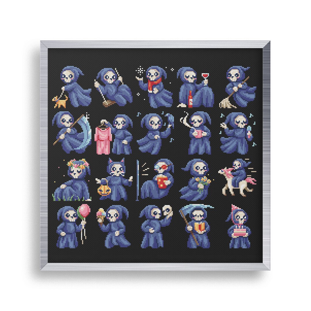 20 Tiny Grim Reapers Cross Stitch Mini Pattern Set , Tiny Cross Stitch Cute Halloween , Small ...