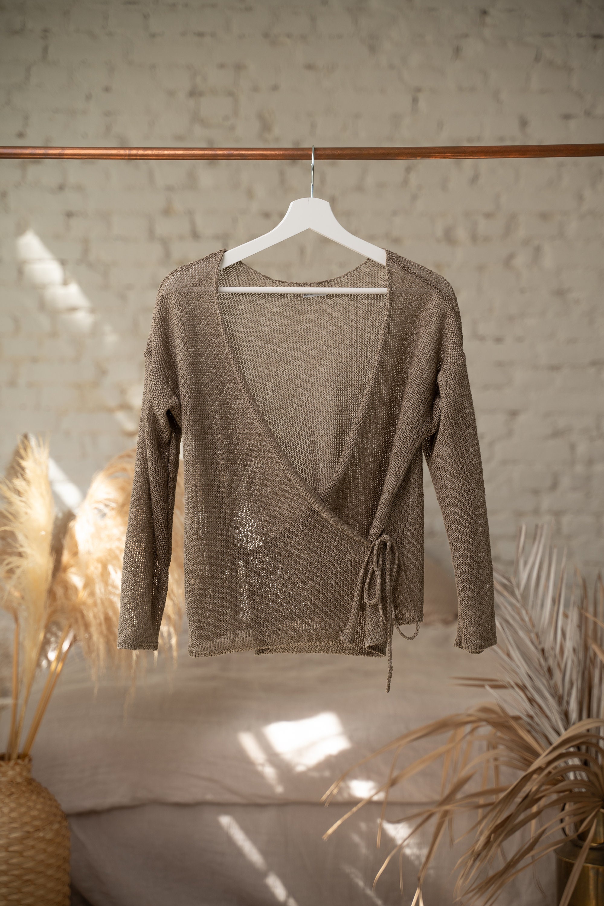 Wrap Around Cardigan for Woman, Linen Summer Jacket With Belt, Natural Flax Cardigan, Brown ...