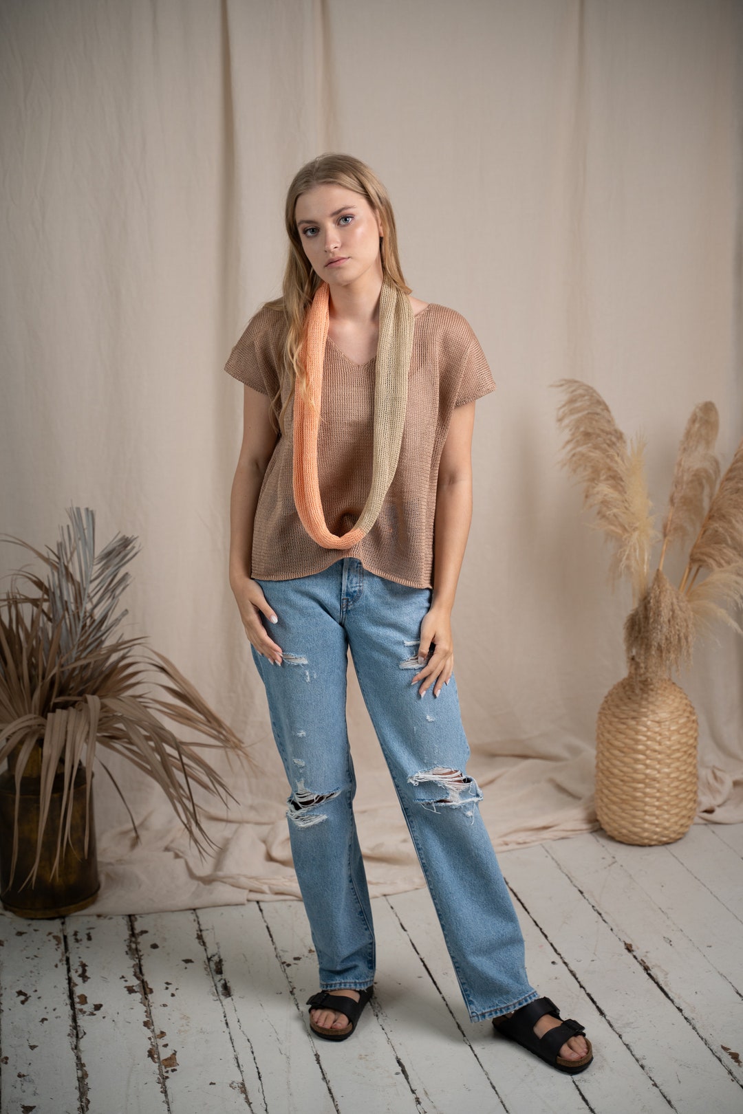 Linen Infinity Scarf for Ladies, Peach Linen Scarf, Cream Summer Shawl ...