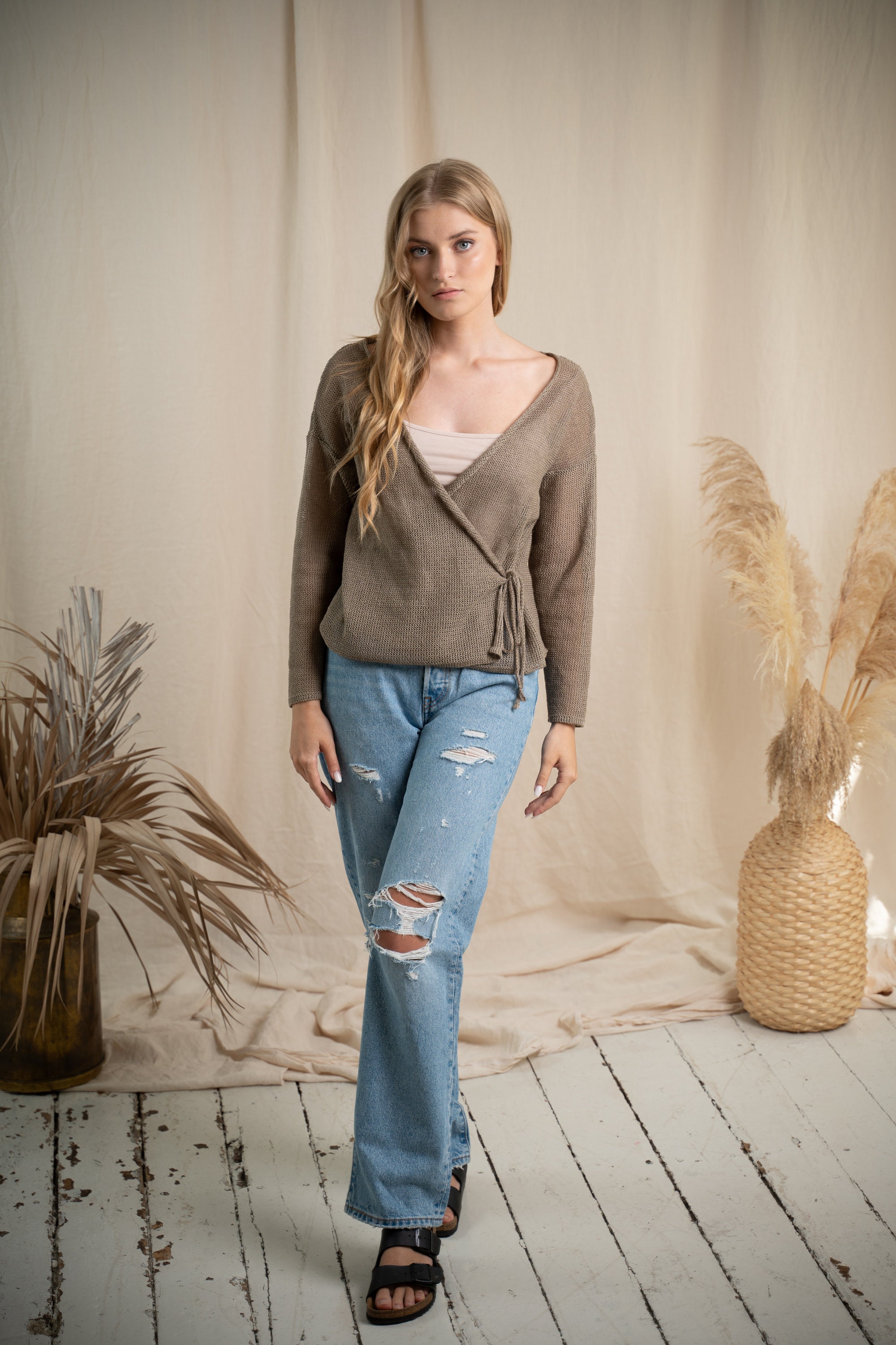 Wrap Around Cardigan for Woman, Linen Summer Jacket With Belt, Natural Flax Cardigan, Brown ...