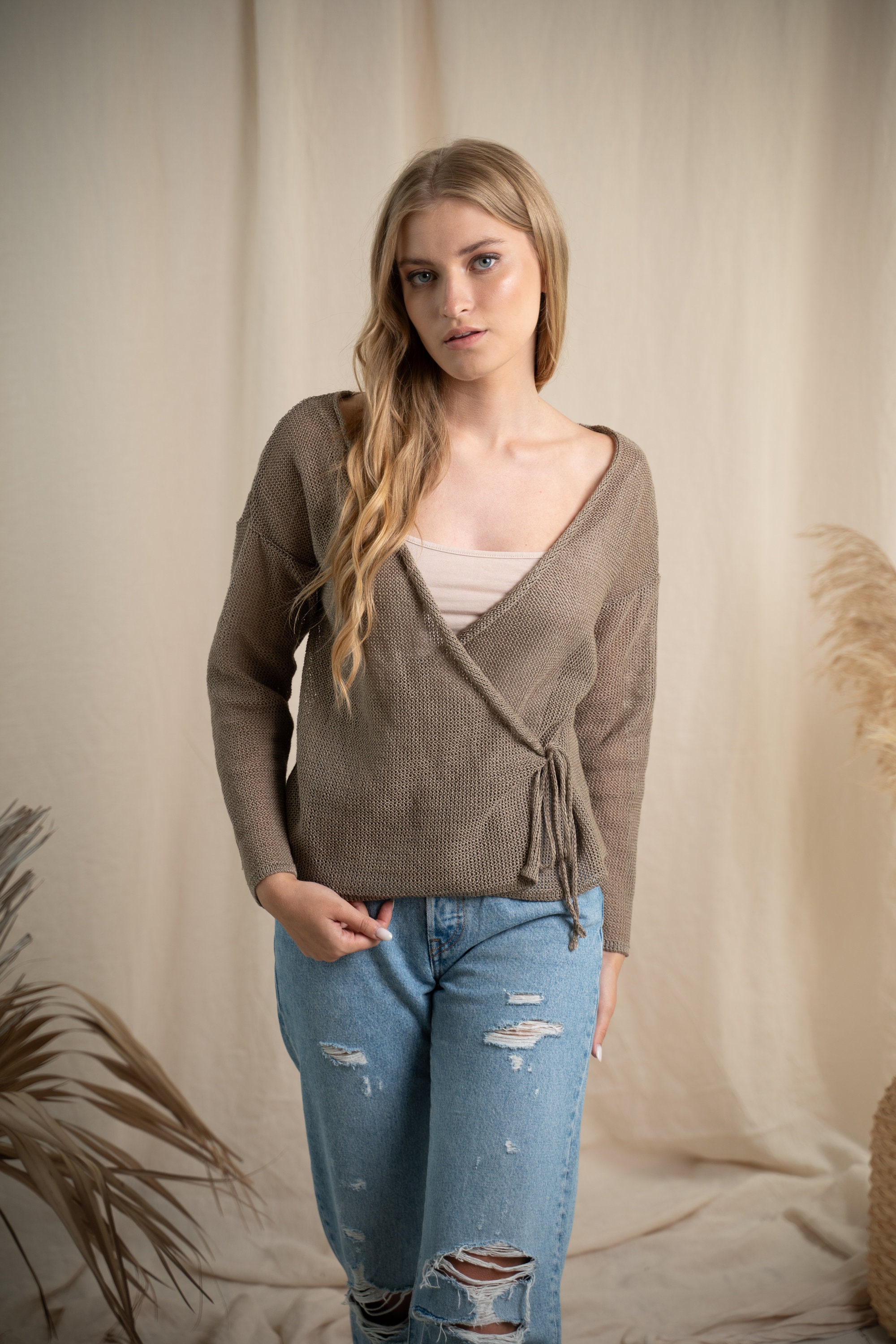Wrap Around Cardigan for Woman, Linen Summer Jacket With Belt, Natural ...