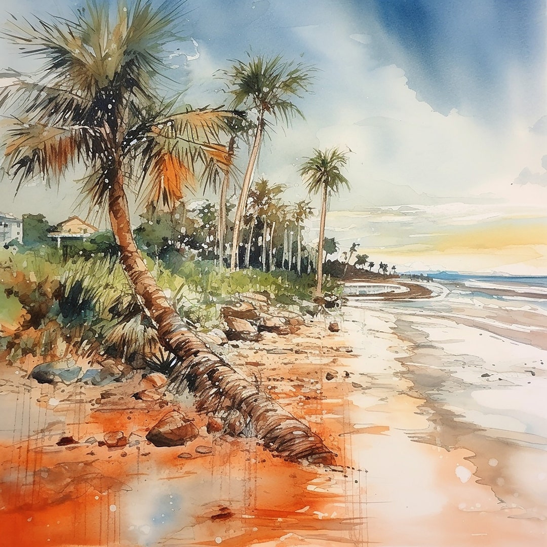 Palm Tree Haven Watercolor Painting Ocean Beach Painting Printable Wall ...