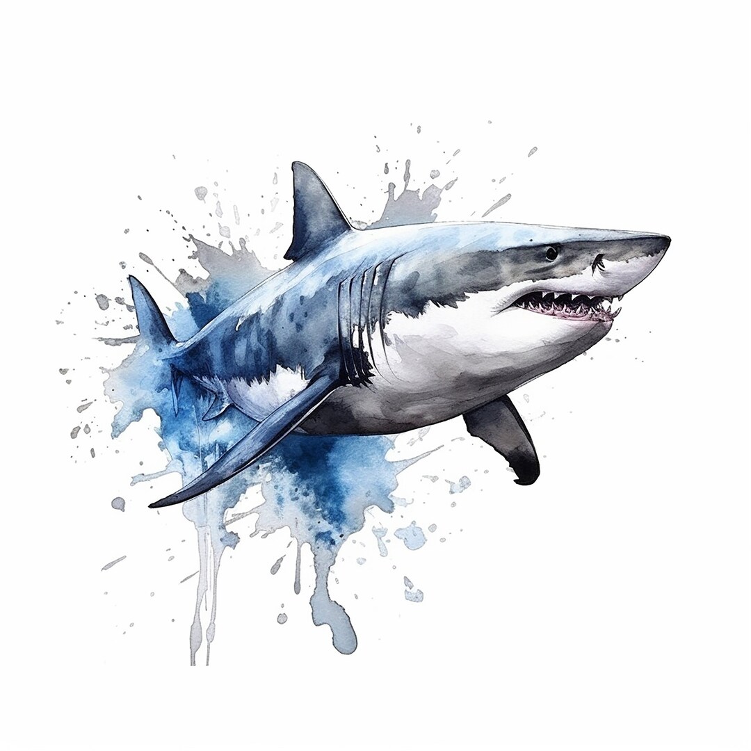 Great White Shark Watercolor Painting Printable Wall Art Digital ...