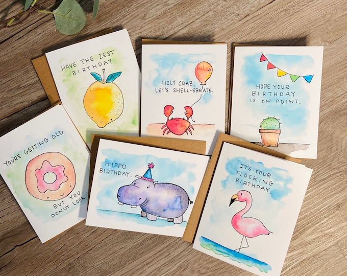 Punny Birthday Cards Funny Birthday Set 6 or 12 Pack Watercolor Blank ...