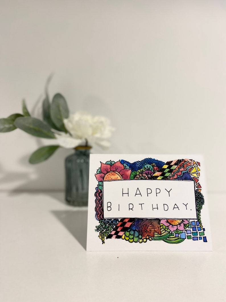 Birthday Card - Zentangle - Original Watercolor Blank Card - Etsy