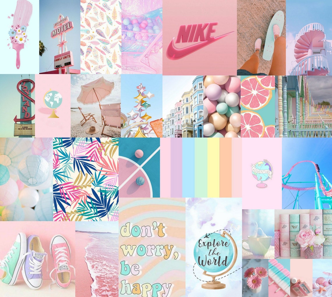 Blue Pink Aesthetic Wall Collage Kit 100 Pcs Printable Bluish And