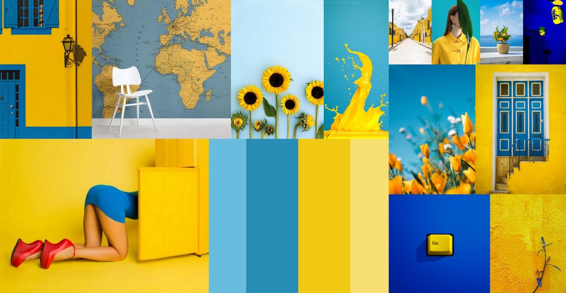Blue Yellow Aesthetic Wall Collage Kit 100pcs Printable Blue Klein and ...