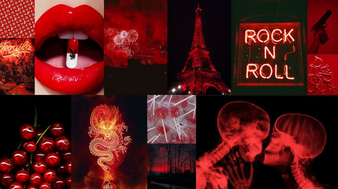 Red Aesthetic Wall Collage Kit 60 Pcs Printable Reddish Bougee Collage ...
