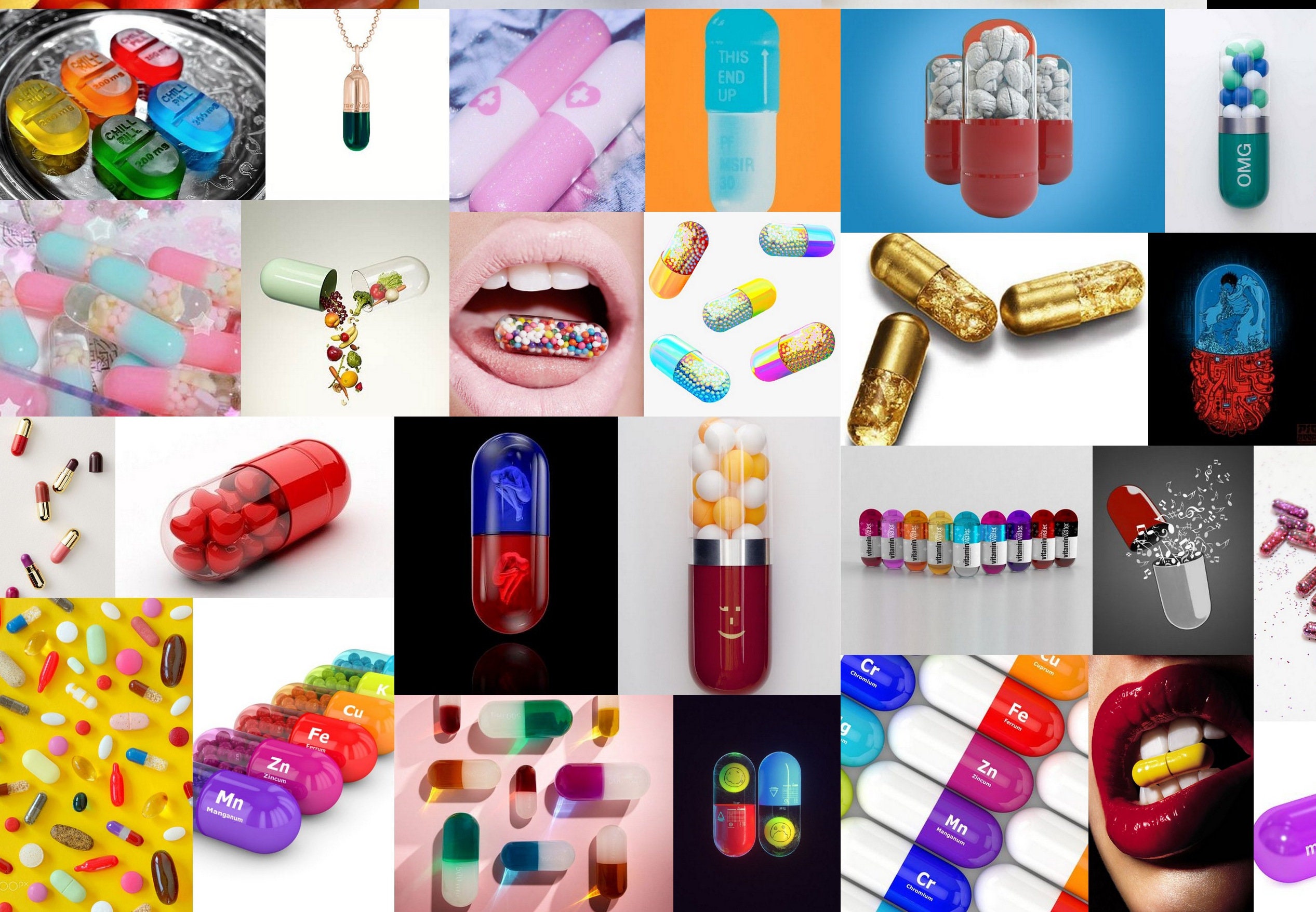 Pill Aesthetic Wall Collage Kit 70 Pcs Printable Fun Multicolors Pills ...