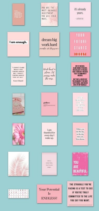 Pink Quotes Aesthetic Wall Collage Kit 75 Pcs Printable Pinky Fun Cute ...