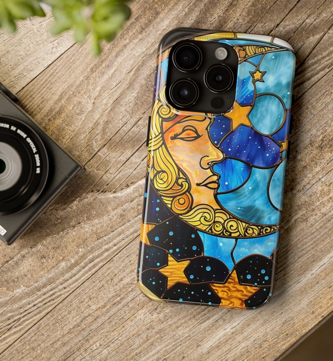Celestial Stained Glass Moon and Stars Phone Case, Stain Glass - Tough ...