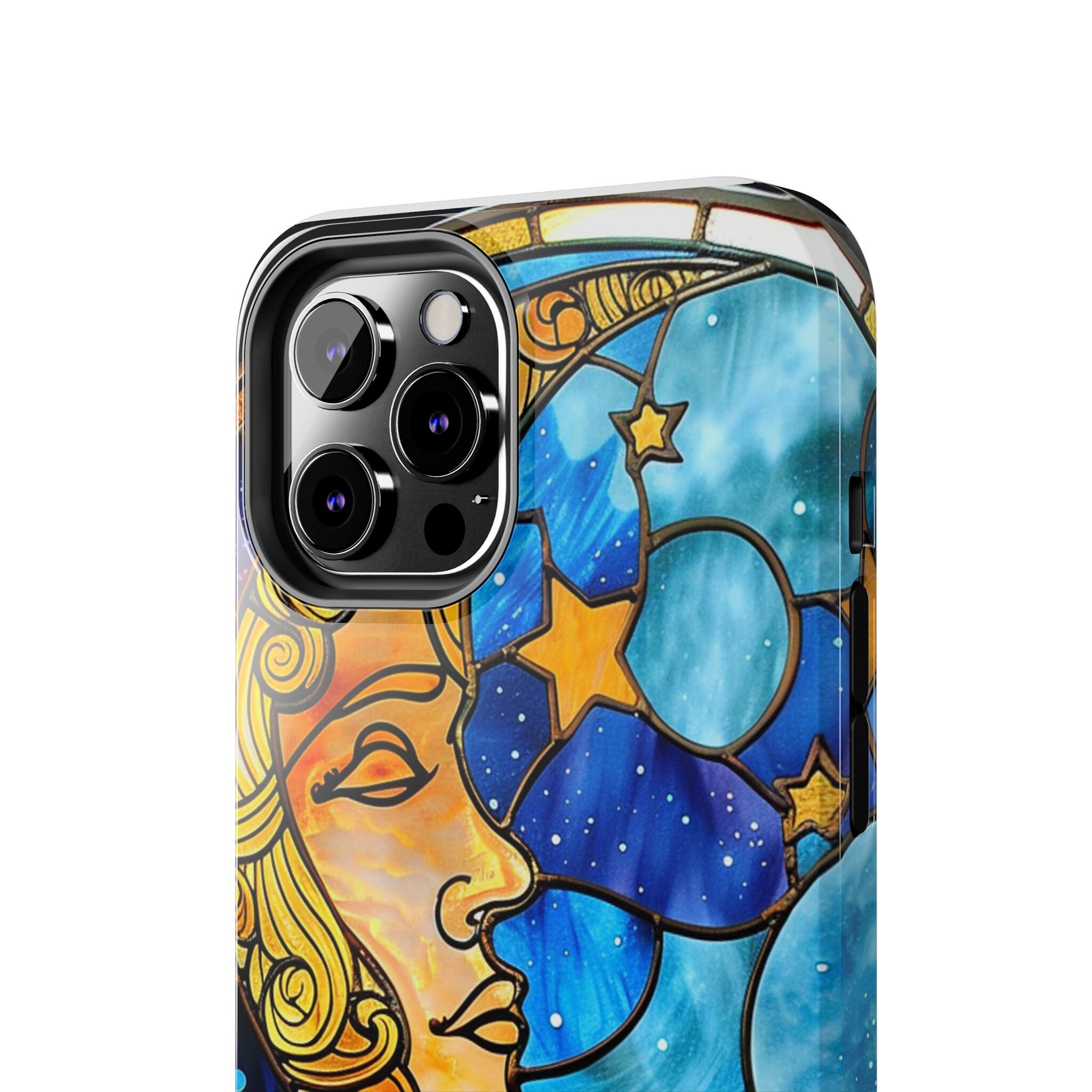 Celestial Stained Glass Moon and Stars Phone Case, Stain Glass Tough Phone Cases iPhone 15 14 13 ...