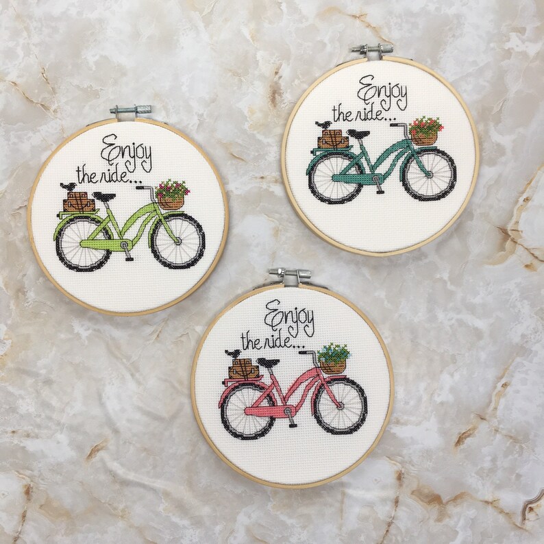 Enjoy the Ride Completed Cross Stitch, Bicycle Art, Wall Art, Wall ...
