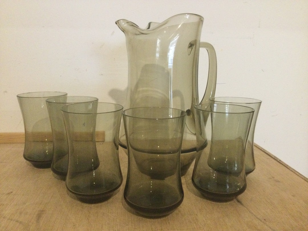 Mid Century Smoked Glass Lemonade Set With Jug and Glasses - Etsy