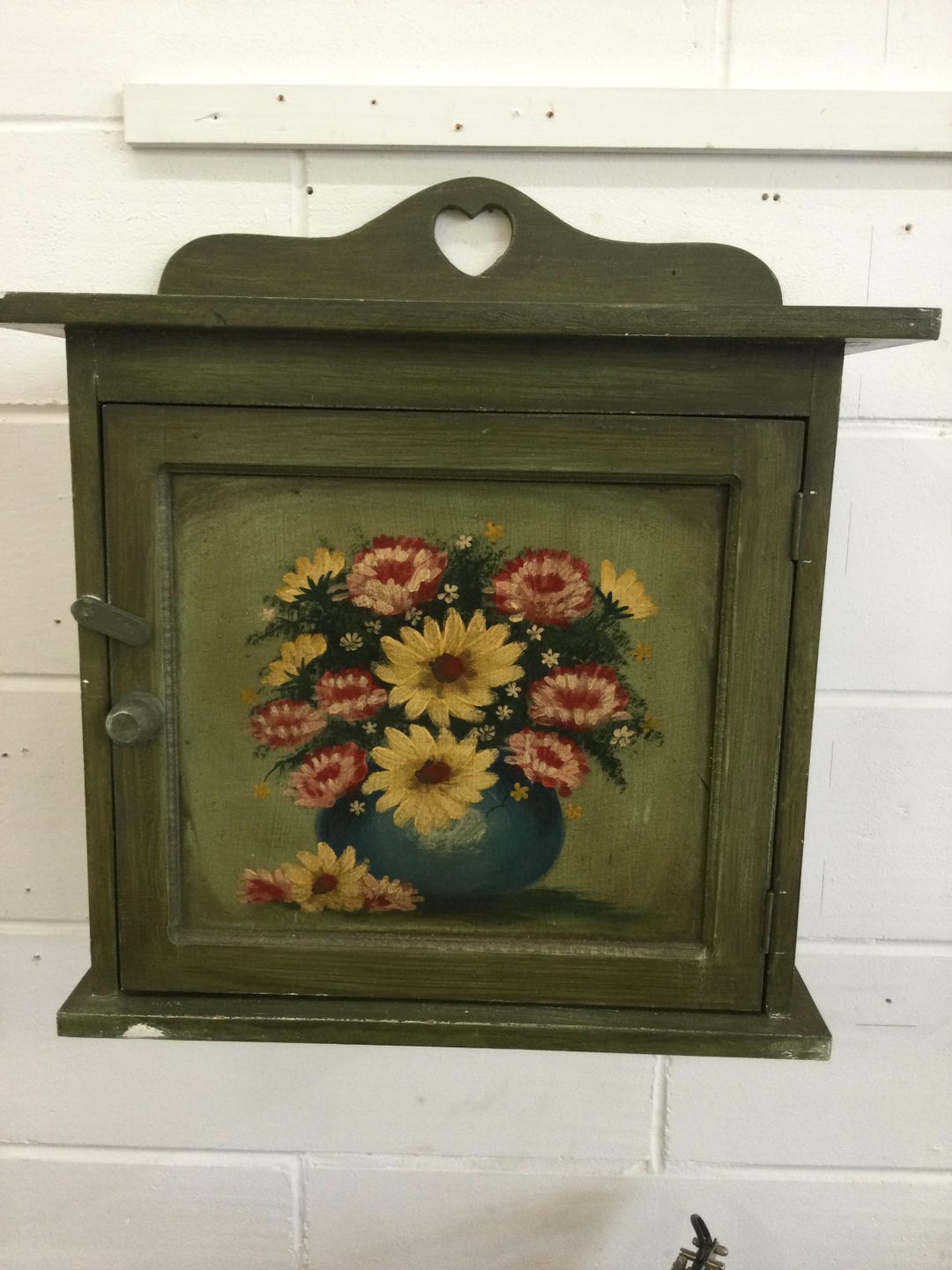 Small Olive Green Wall Display Cupboard With Roses on Door Panel - Etsy