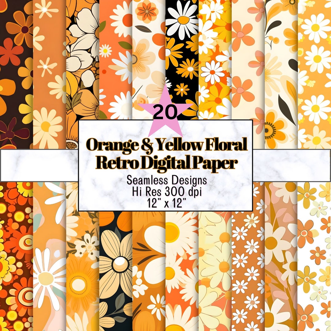 Orange and Yellow Floral Retro Digital Paper Pack, Seamless 12x12 Jpgs ...