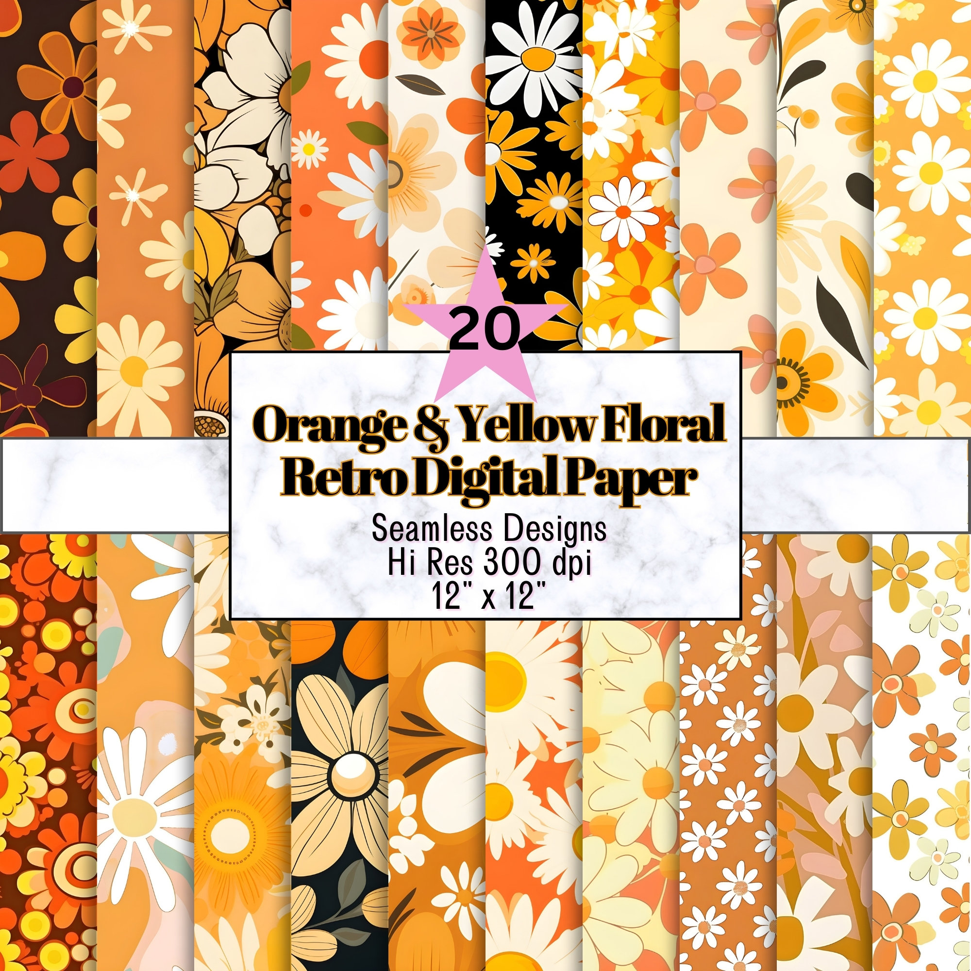 Orange and Yellow Floral Retro Digital Paper Pack, Seamless 12x12 Jpgs ...