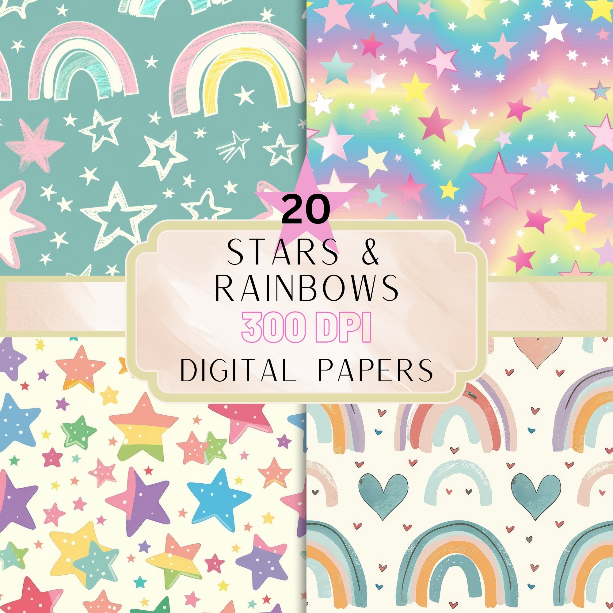 Pastel Rainbow and Stars Digital Paper Pack, Seamless Patterns, 12x12 ...