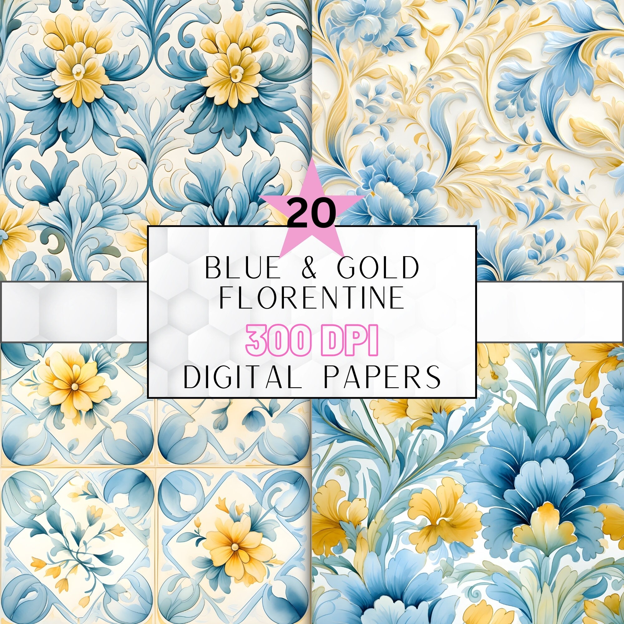 Florentine Style Seamless Digital Papers, Blue Gold Floral Patterns ...