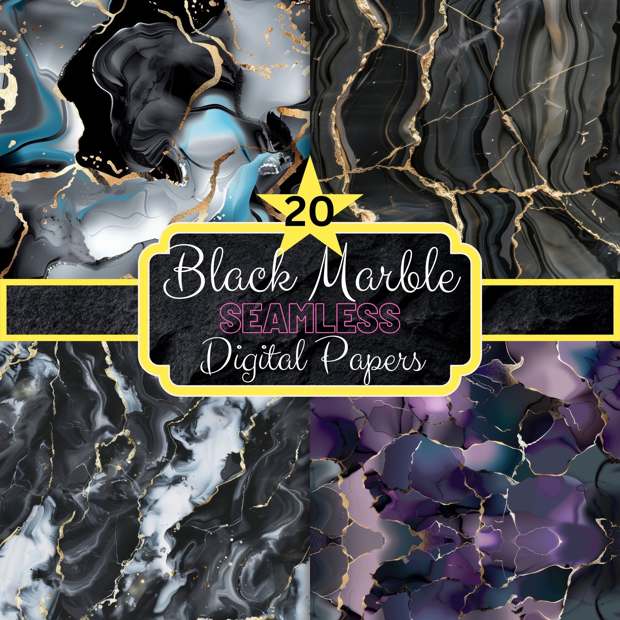20 Seamless Black Marble Digital Papers, 12x12, Chic Textured ...