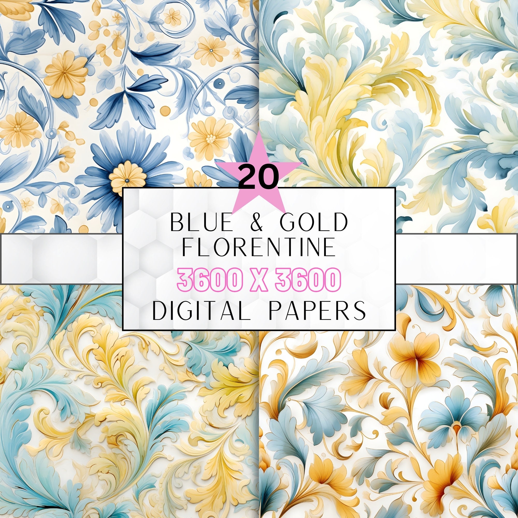 Florentine Style Seamless Digital Papers, Blue Gold Floral Patterns ...
