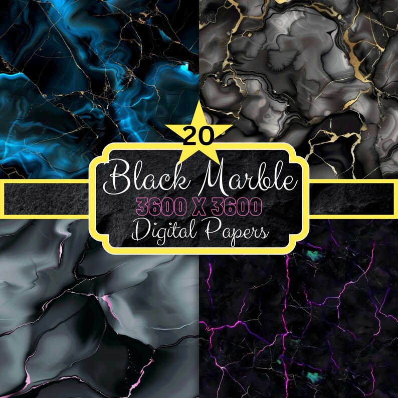 20 Seamless Black Marble Digital Papers, 12x12, Chic Textured ...