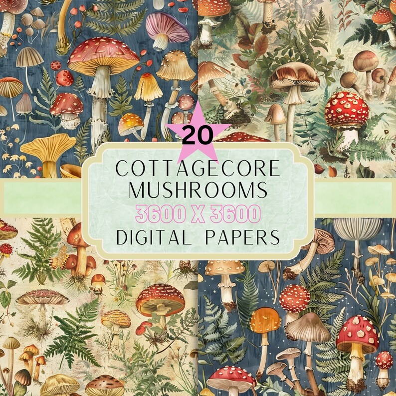 Cottagecore Mushroom Digital Paper Pack, Seamless 12x12 Designs ...