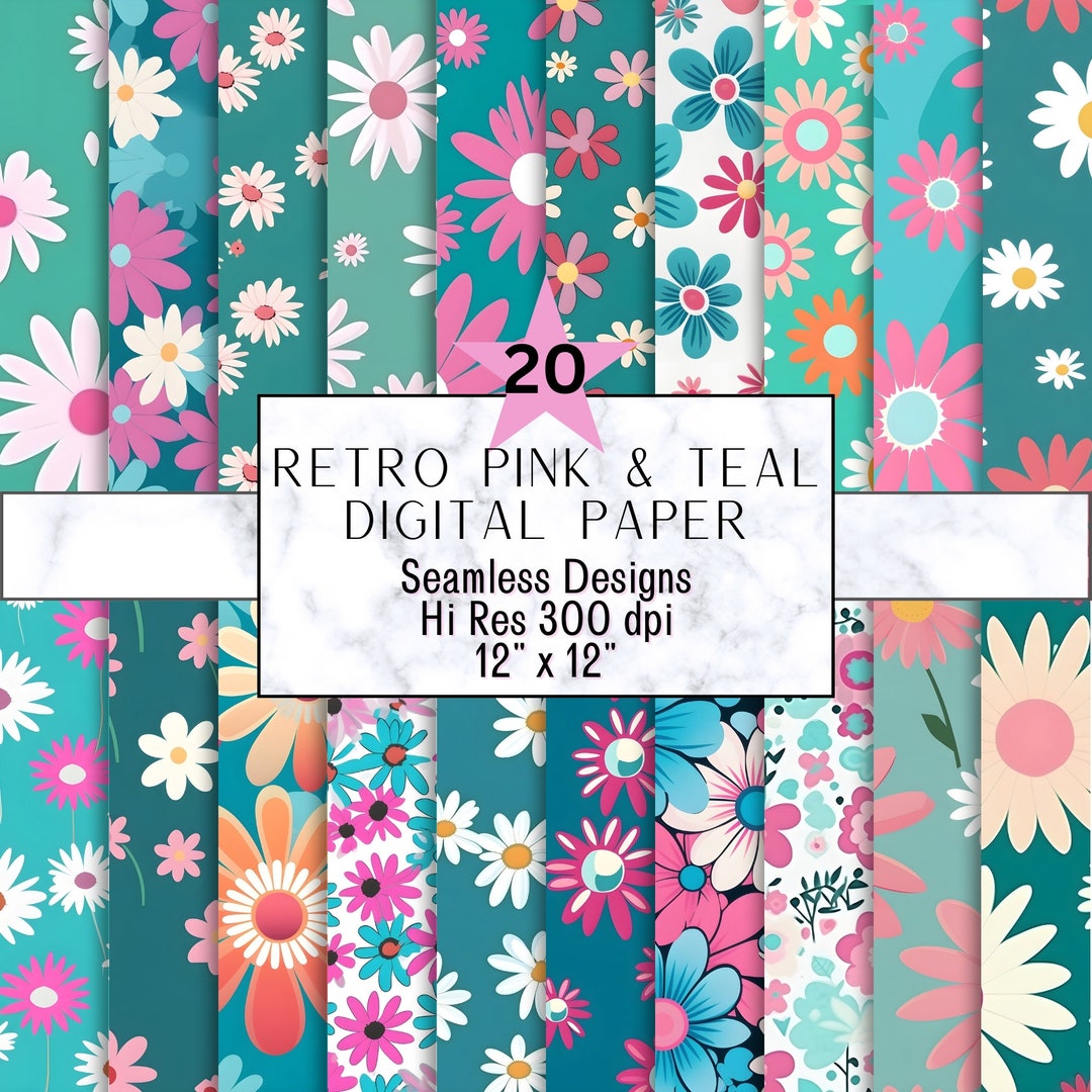 Retro Pink and Teal Floral Digital Paper, 12x12 Seamless Pattern ...