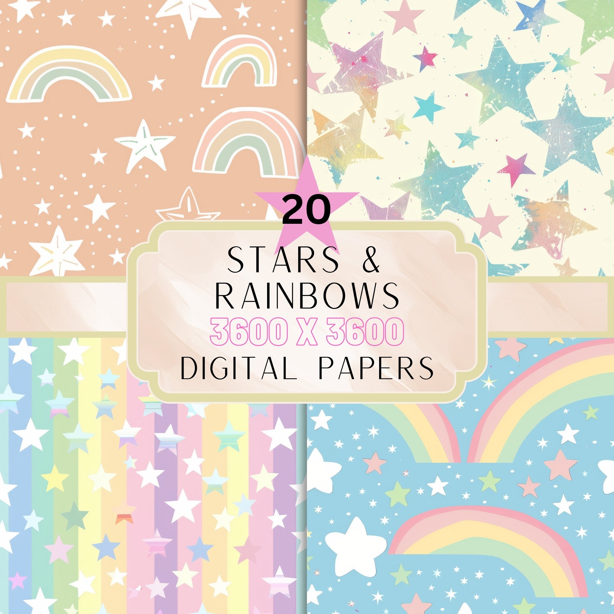 Pastel Rainbow and Stars Digital Paper Pack, Seamless Patterns, 12x12 ...