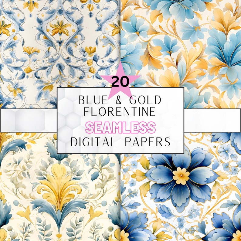 Florentine Style Seamless Digital Papers, Blue Gold Floral Patterns ...