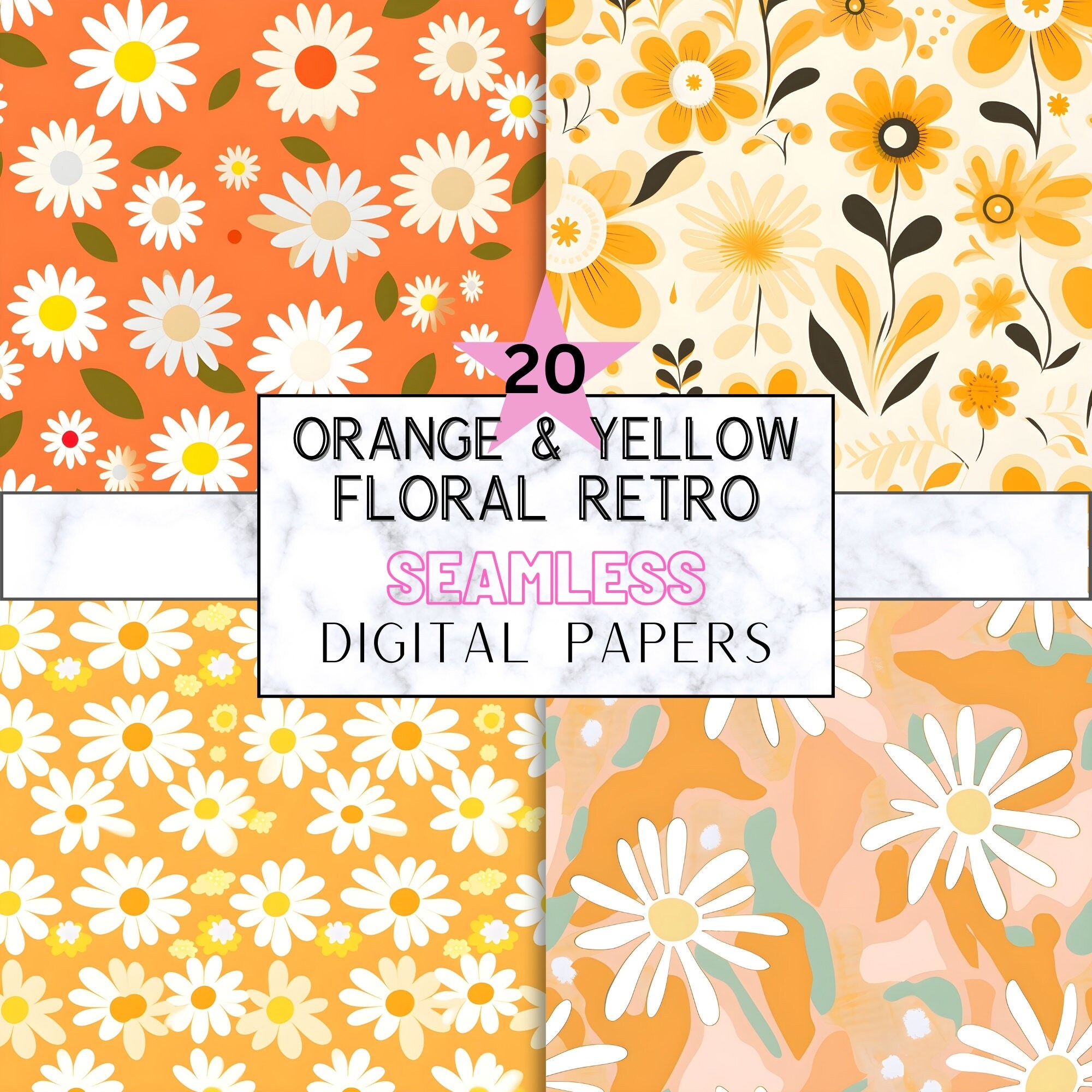 Orange and Yellow Floral Retro Digital Paper Pack, Seamless 12x12 Jpgs ...