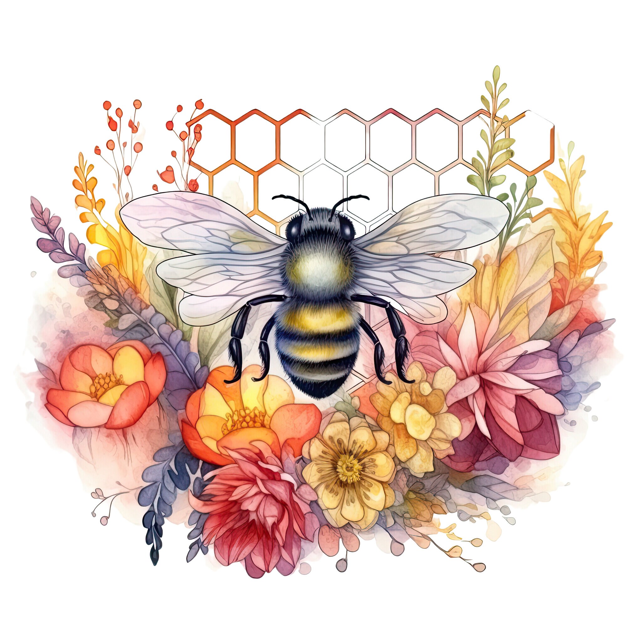 Watercolor Honeybee Clip Art Bundle, Spring Floral Png, Digital ...