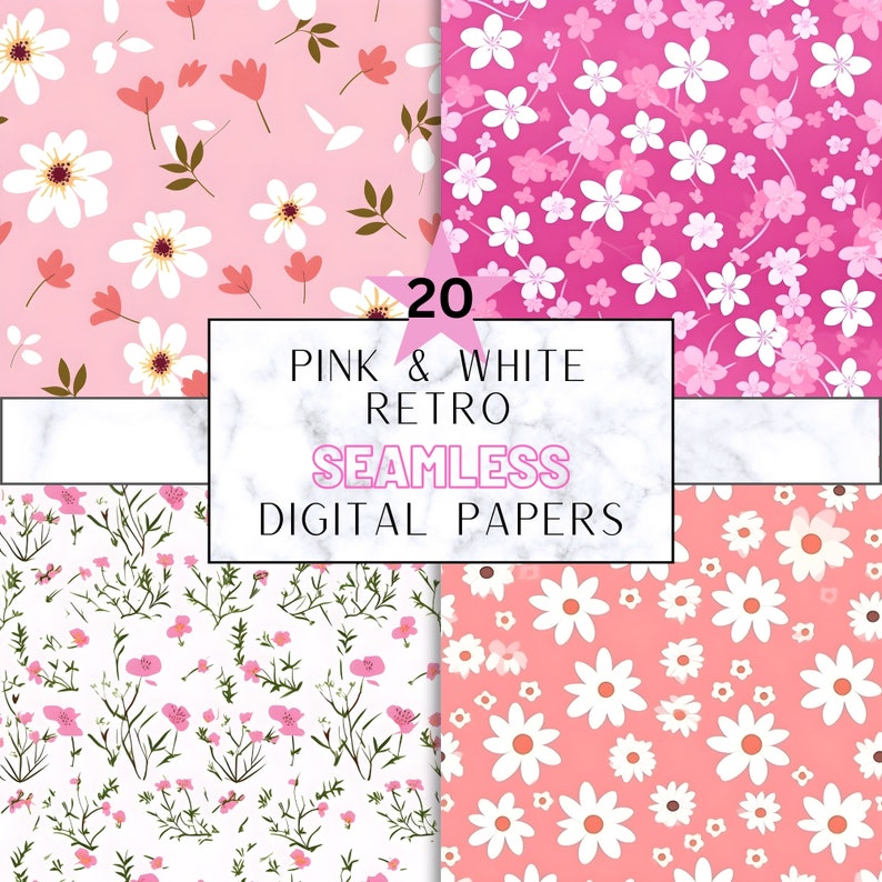 Pink and White Floral Digital Paper, Seamless Pattern Designs, 12x12 ...