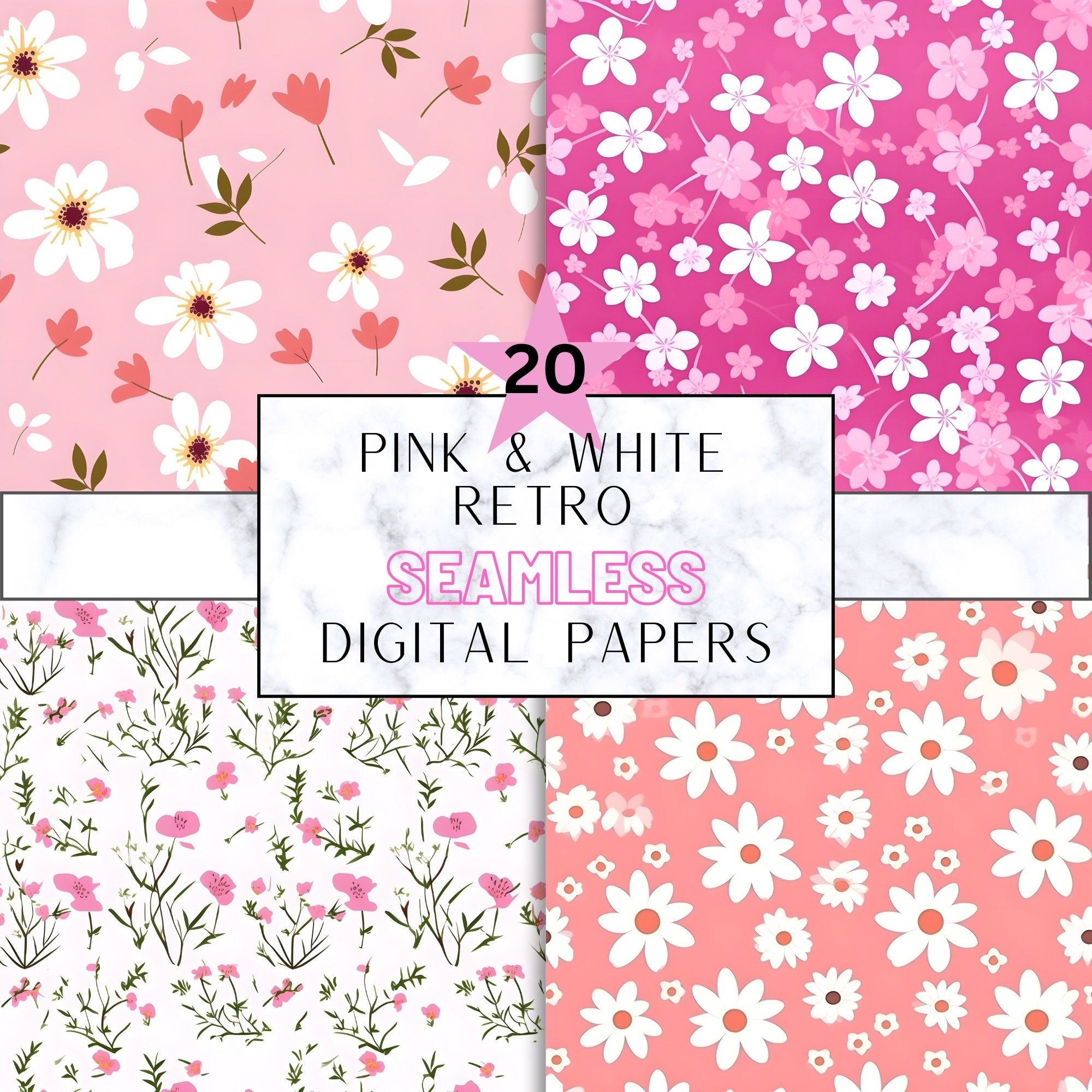 Pink and White Floral Digital Paper, Seamless Pattern Designs, 12x12 ...