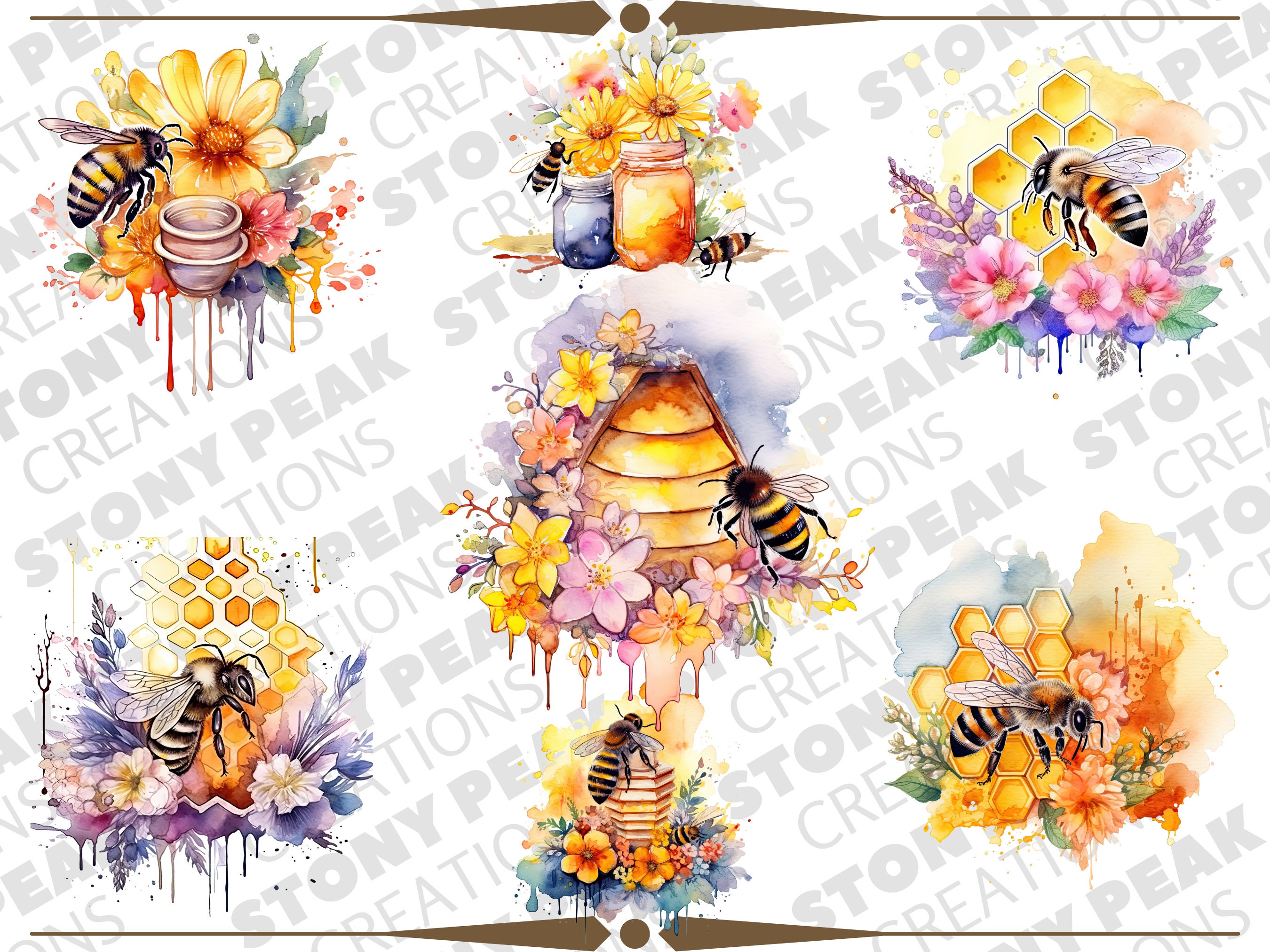 Watercolor Honeybee Clip Art Bundle, Spring Floral Png, Digital ...