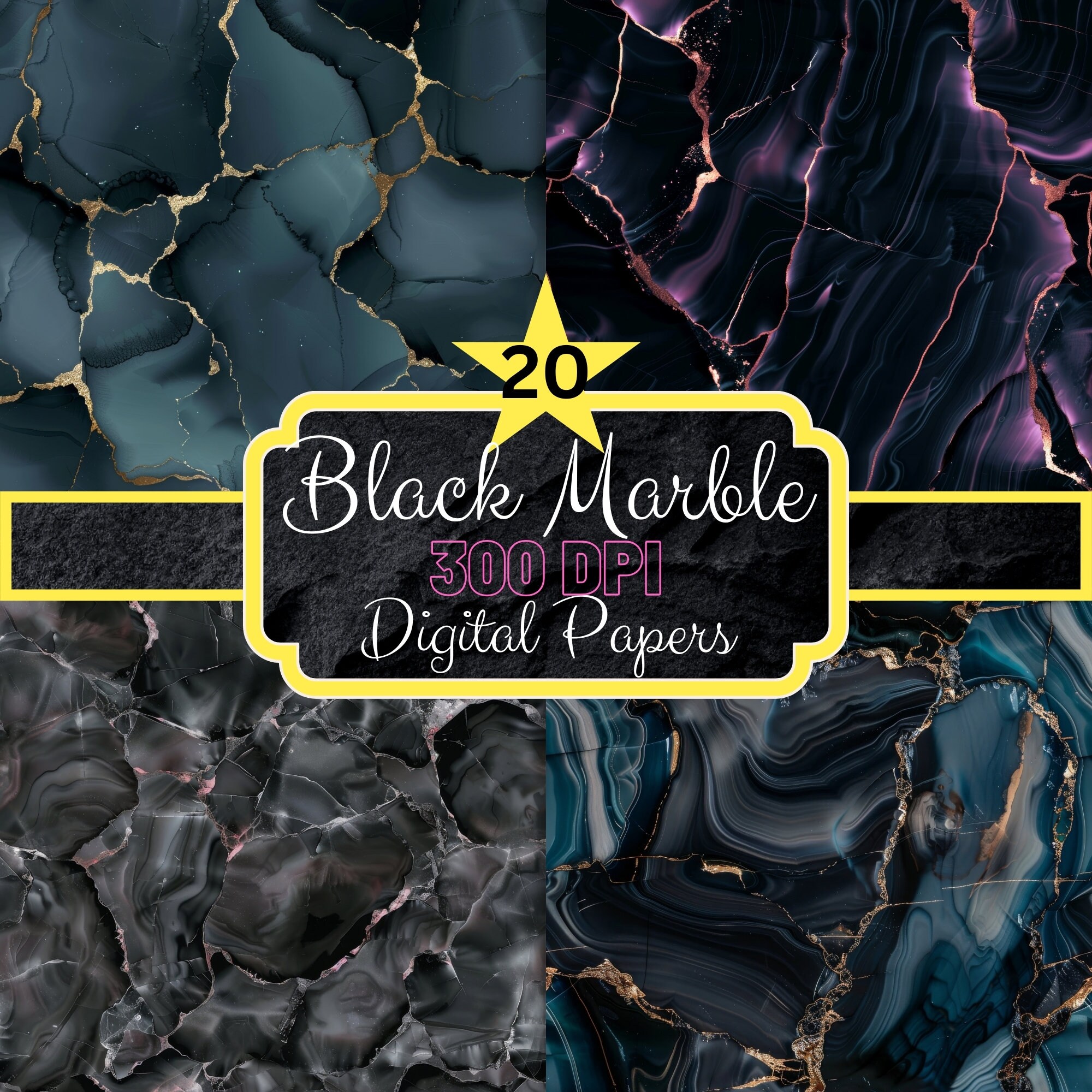 20 Seamless Black Marble Digital Papers, 12x12, Chic Textured ...
