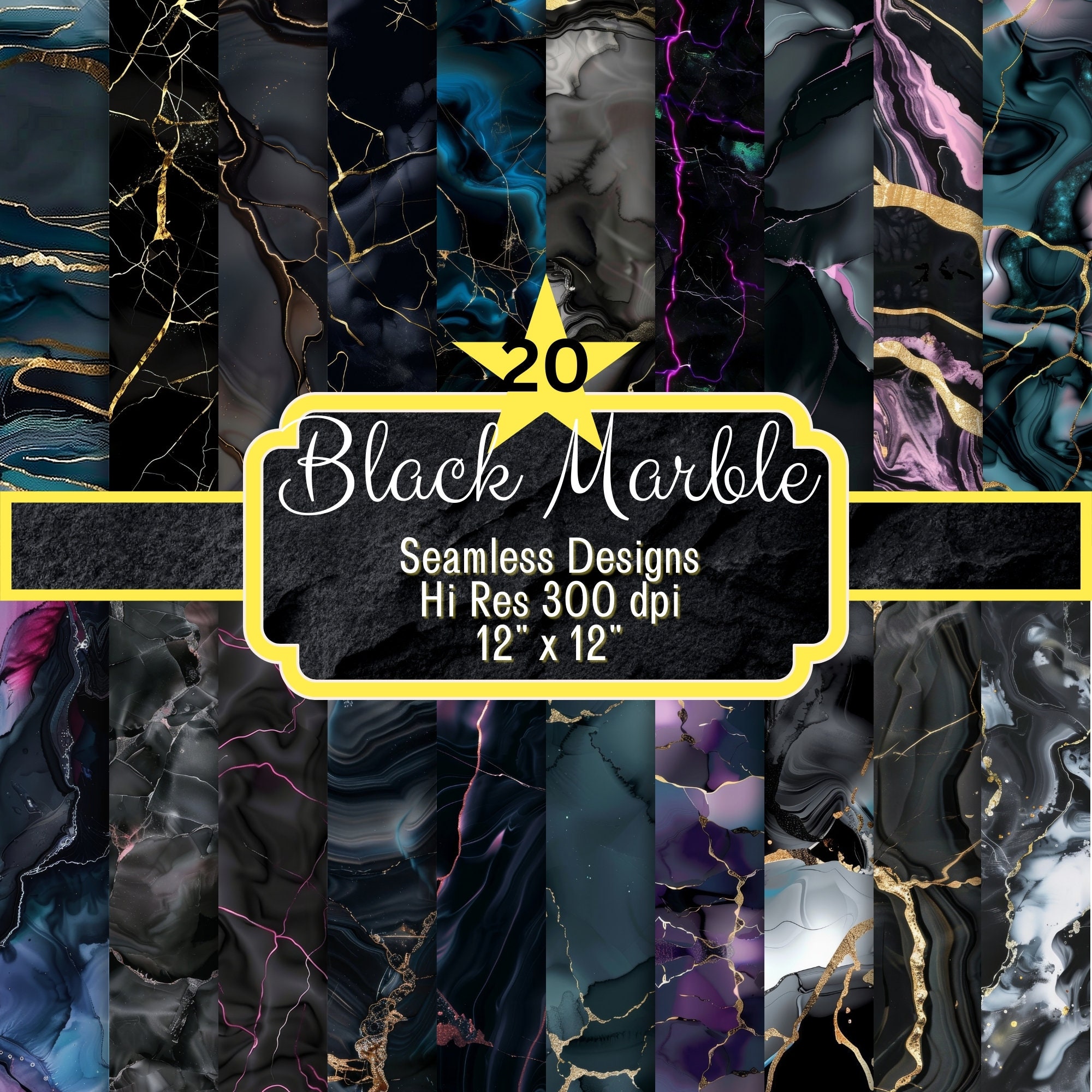 20 Seamless Black Marble Digital Papers, 12x12, Chic Textured ...