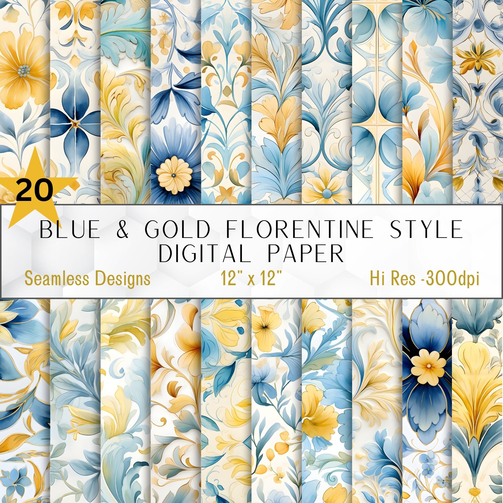 Florentine Style Seamless Digital Papers, Blue Gold Floral Patterns ...