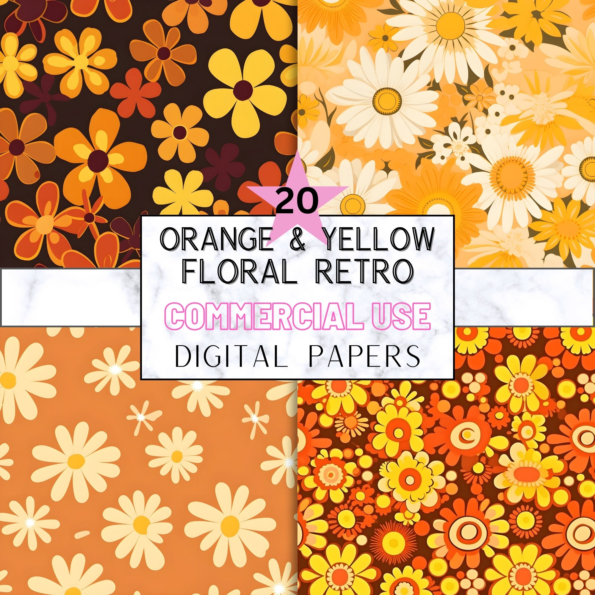 Orange and Yellow Floral Retro Digital Paper Pack, Seamless 12x12 Jpgs ...