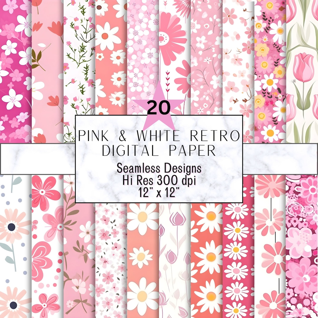Pink and White Floral Digital Paper, Seamless Pattern Designs, 12x12 ...