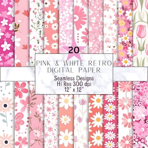 Pink and White Floral Digital Paper, Seamless Pattern Designs, 12x12 ...