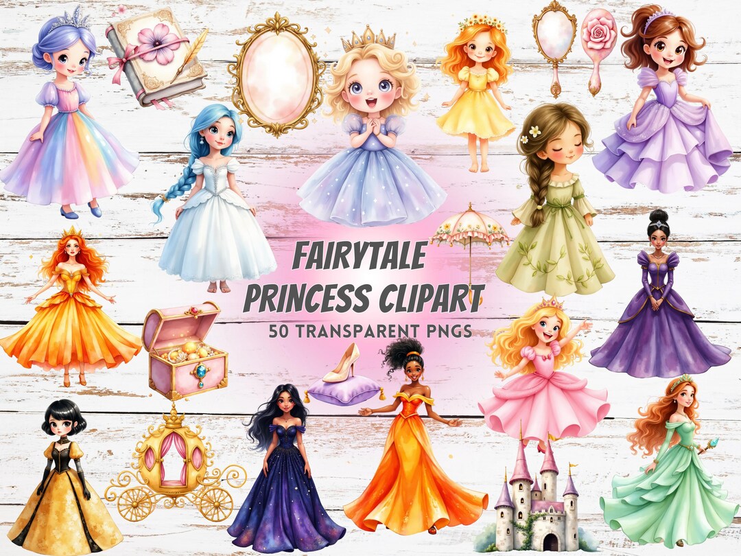 Princess Clipart Bundle, 50 Fairytale Pngs, Cute Princess Graphics ...