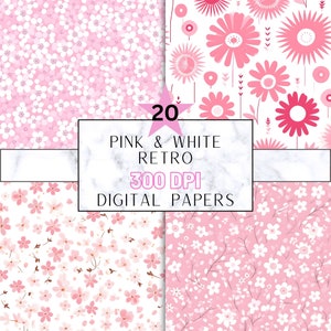 Pink and White Floral Digital Paper, Seamless Pattern Designs, 12x12 ...