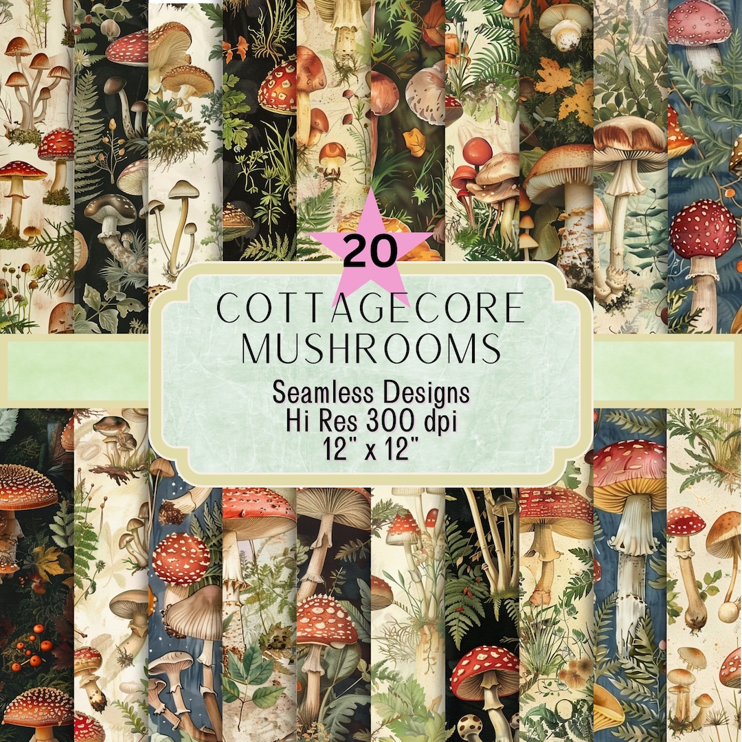 Cottagecore Mushroom Digital Paper Pack, Seamless 12x12 Designs ...