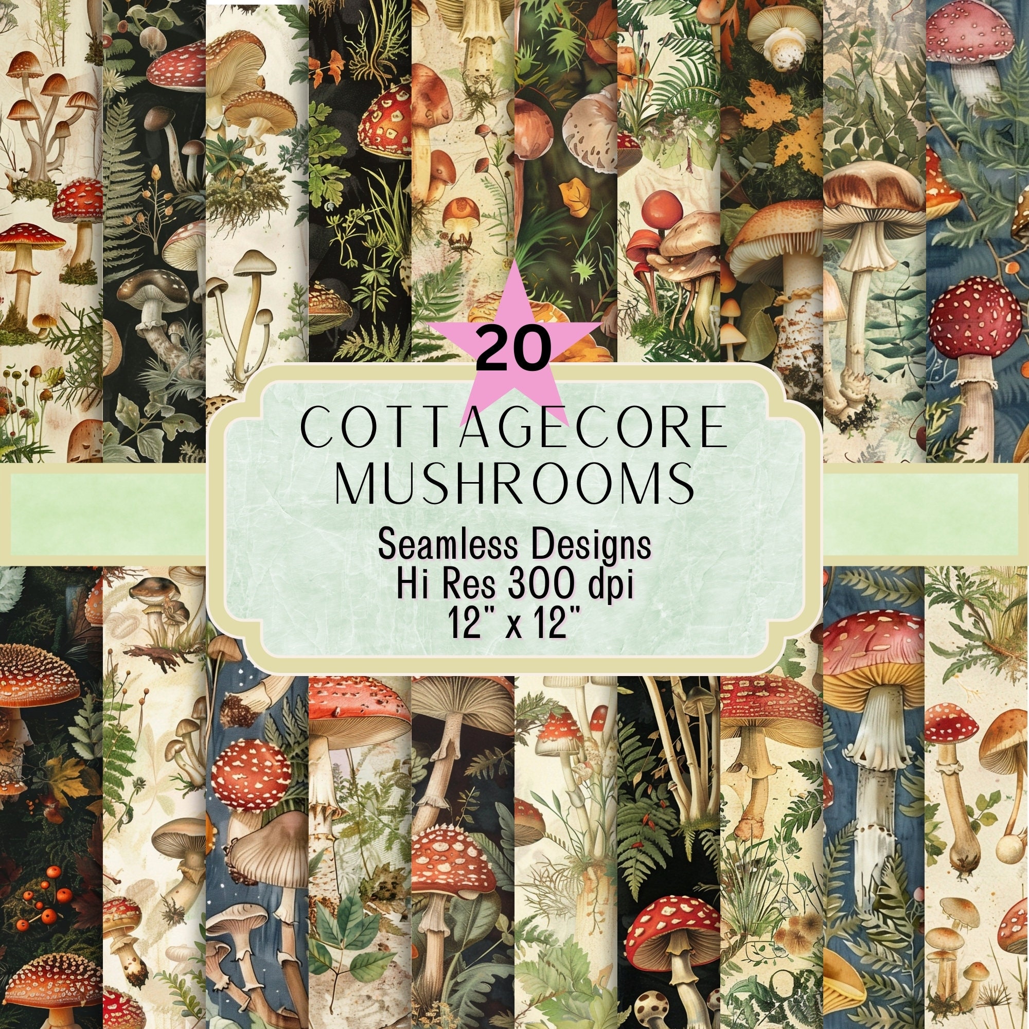 Cottagecore Mushroom Digital Paper Pack, Seamless 12x12 Designs ...