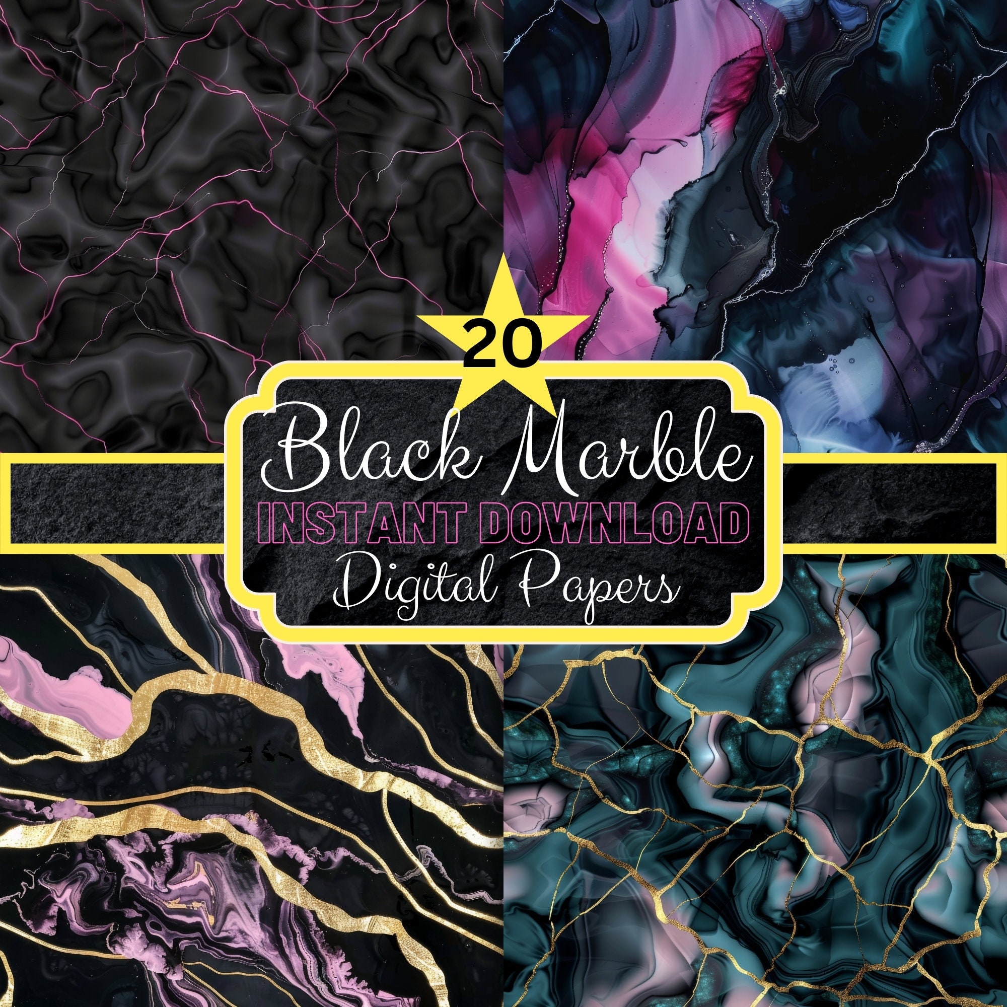 20 Seamless Black Marble Digital Papers, 12x12, Chic Textured ...