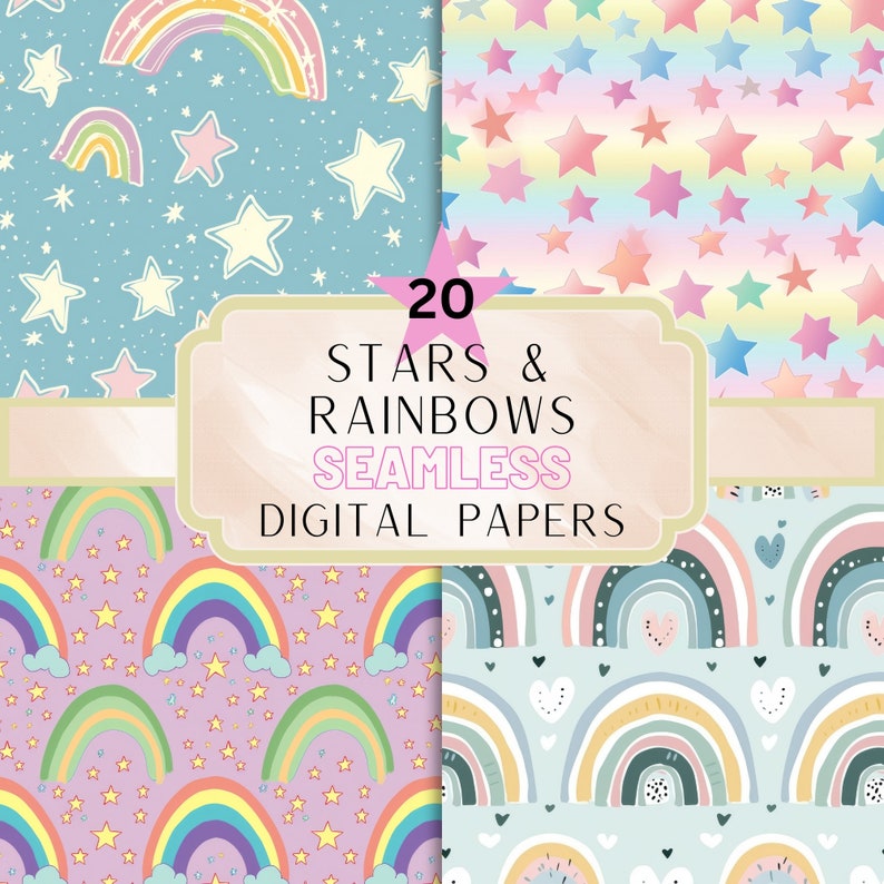 Pastel Rainbow and Stars Digital Paper Pack, Seamless Patterns, 12x12 ...