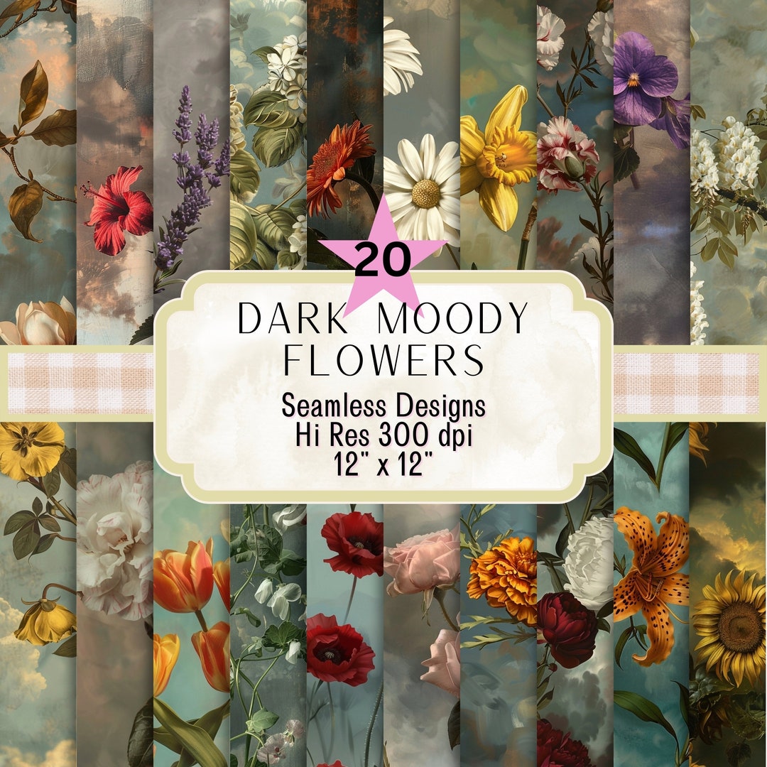 Dark Moody Floral Digital Paper, Seamless Pattern, 12x12 High Res JPEG ...